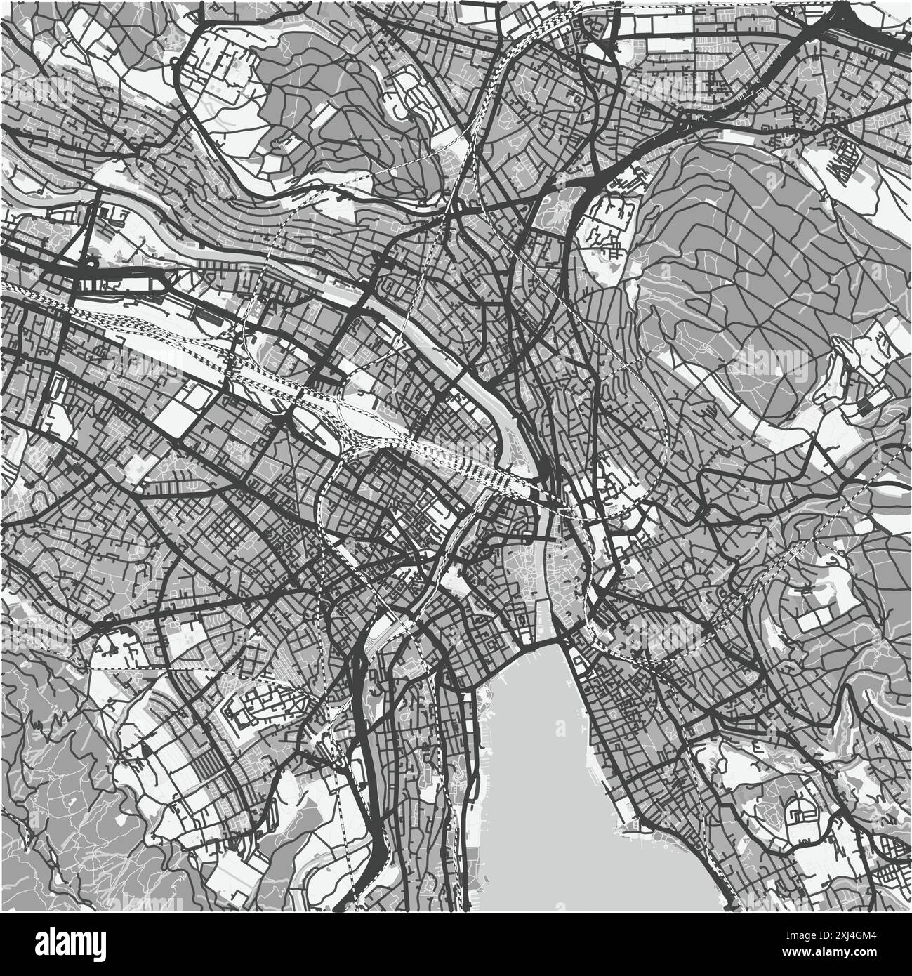Map of Zurich in Switzerland in grayscale. Contains layered vector with ...