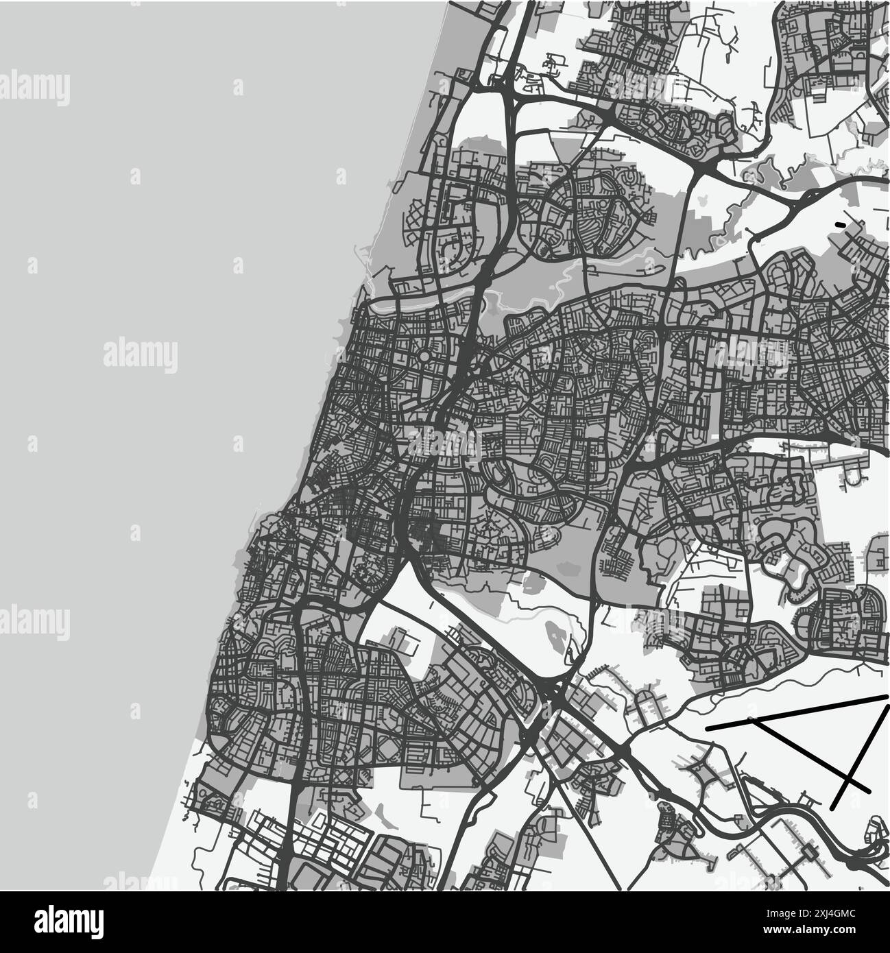 Map of Tel Aviv in Israel in grayscale. Contains layered vector with ...