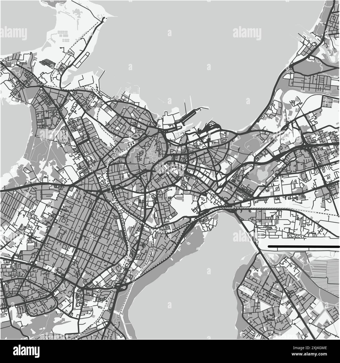 Map of Tallinn in Estonia in grayscale. Contains layered vector with ...