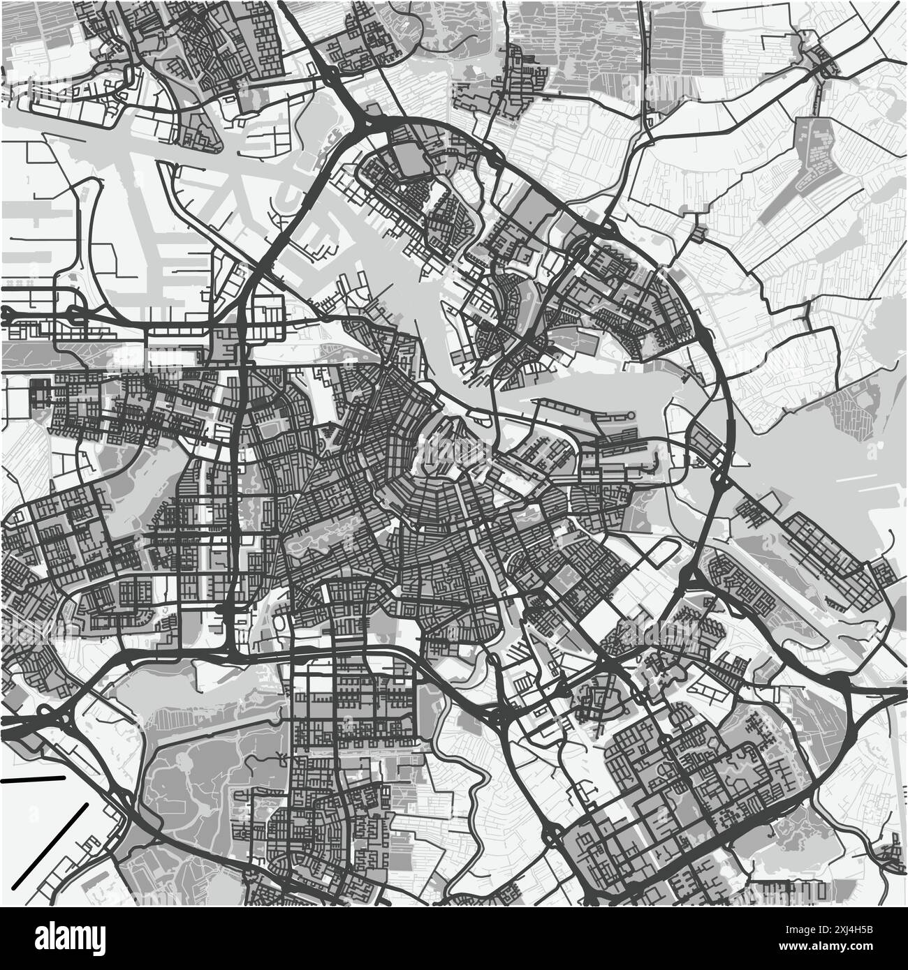 Map of Amsterdam in Netherlands in grayscale. Contains layered vector with roads water, parks ...
