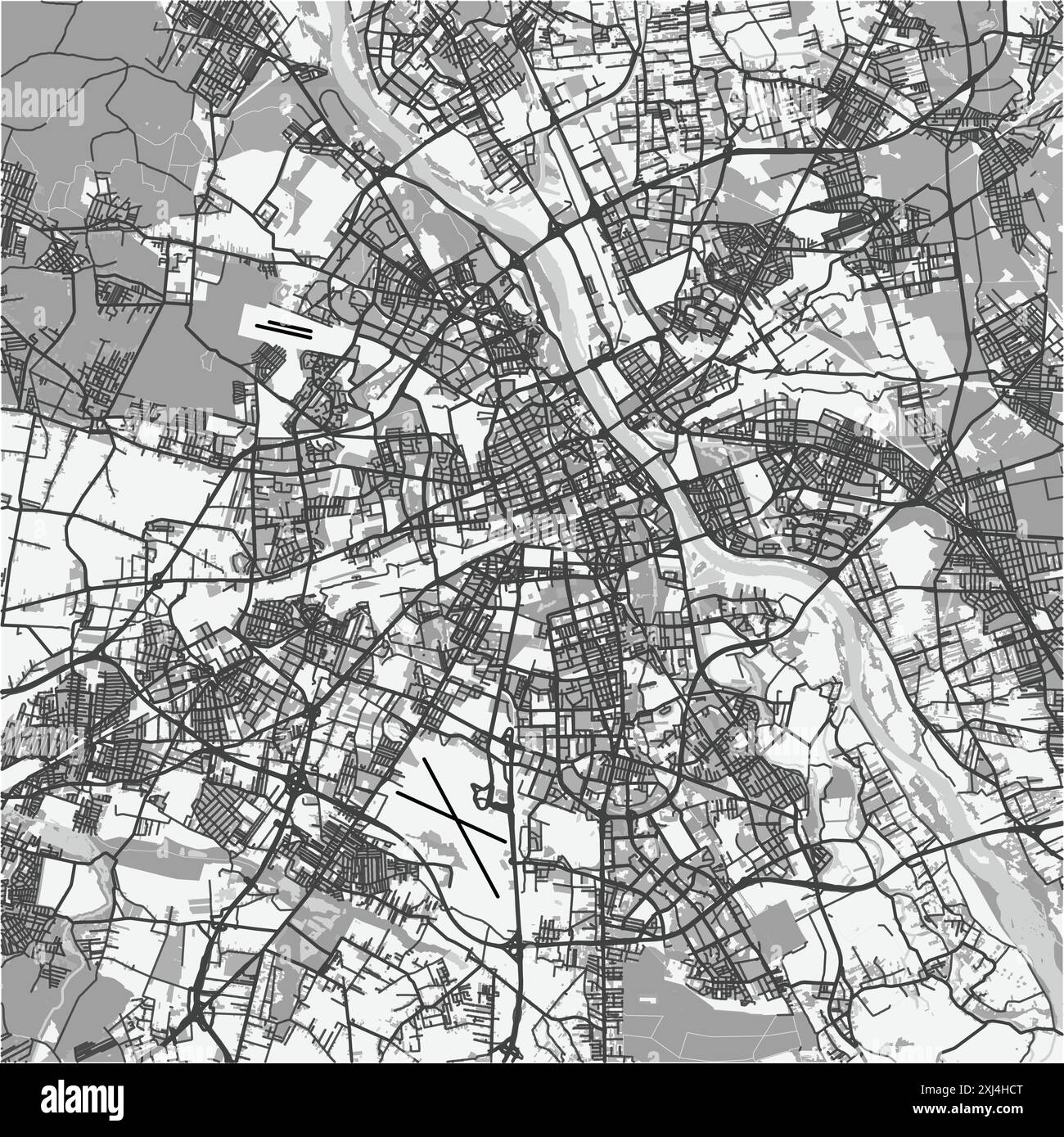 Map of Warsaw in Poland in grayscale. Contains layered vector with roads water, parks, etc Stock ...