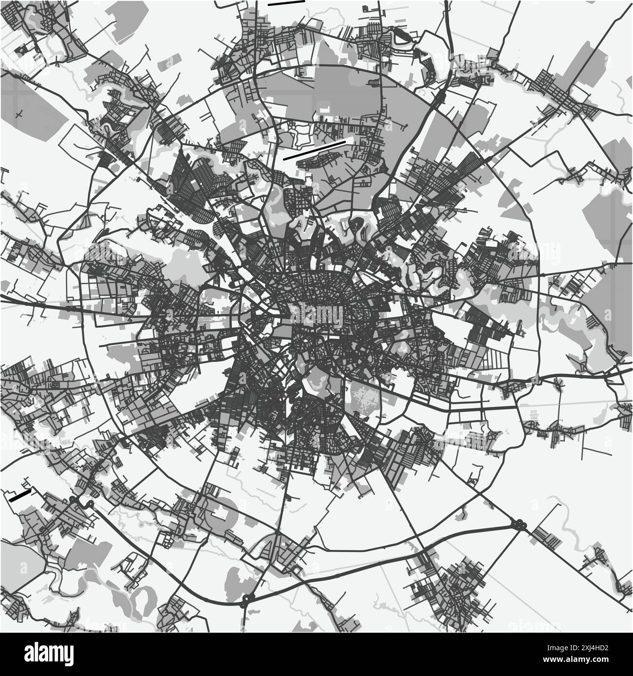 Map of Bucharest in Romania in grayscale. Contains layered vector with roads water, parks, etc ...