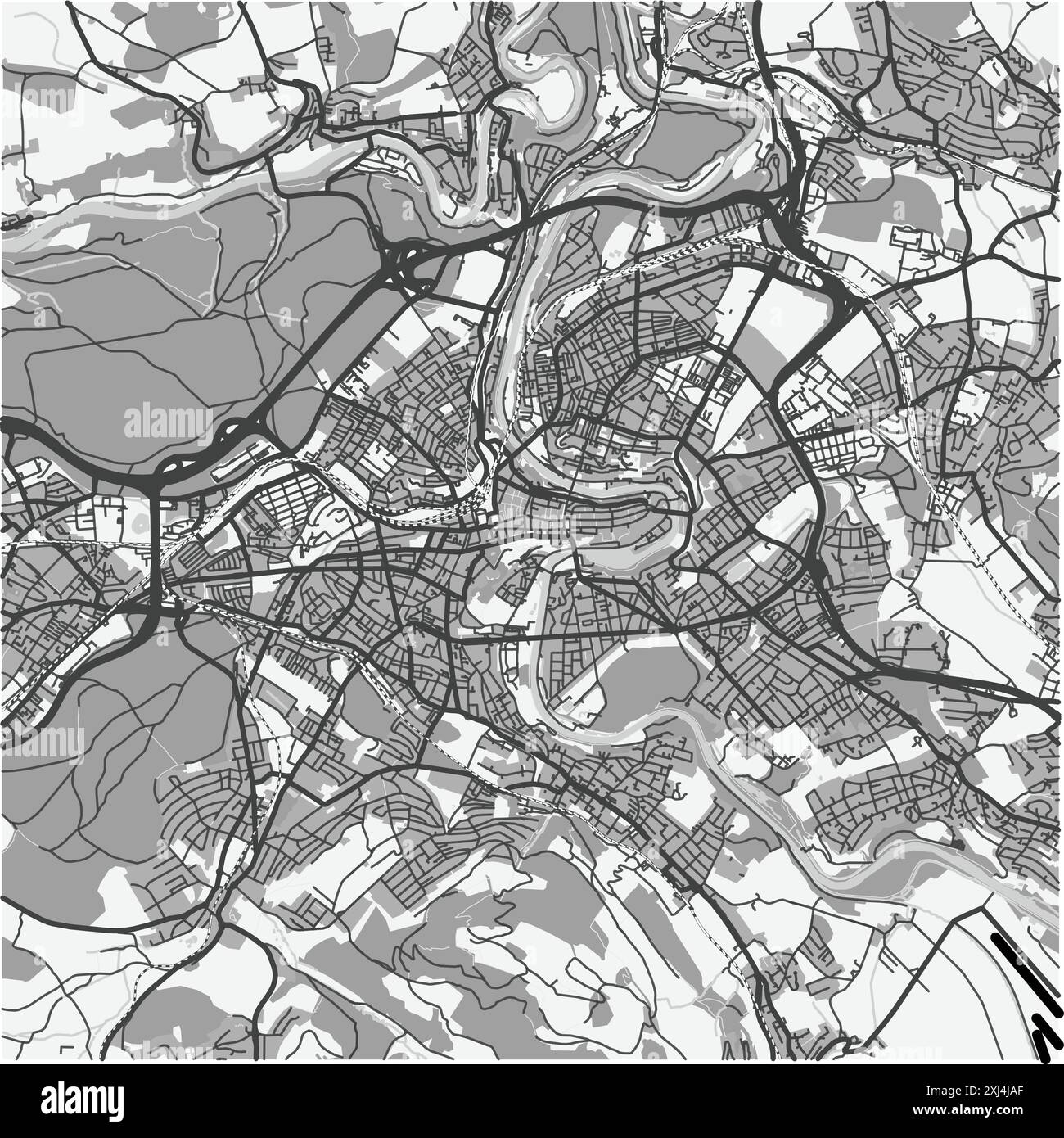 Map of Bern in Switzerland in grayscale. Contains layered vector with roads water, parks, etc ...