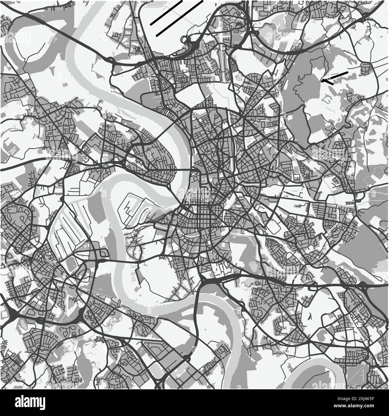 Map of Dusseldorf in Germany in grayscale. Contains layered vector with roads water, parks, etc ...