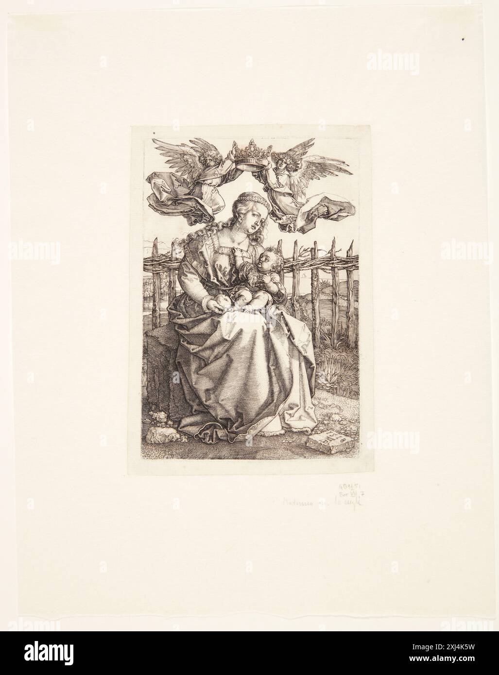 Copper engraving by Albrecht Dürer depicting the Madonna crowned by two ...