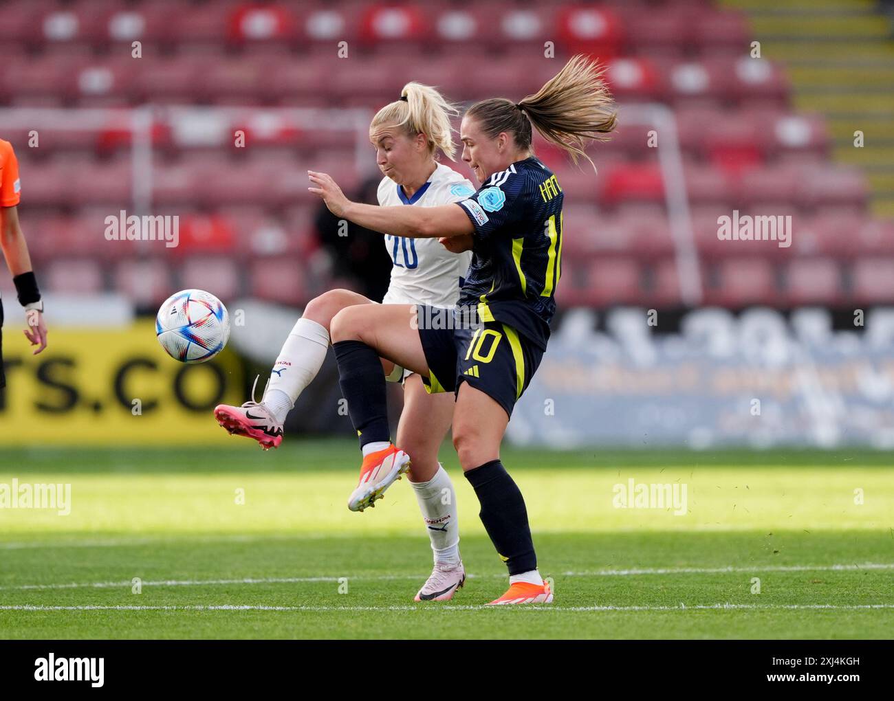 Scotland's Kirsty Hanson (right) challenges Serbia's Tijana Filipovic ...