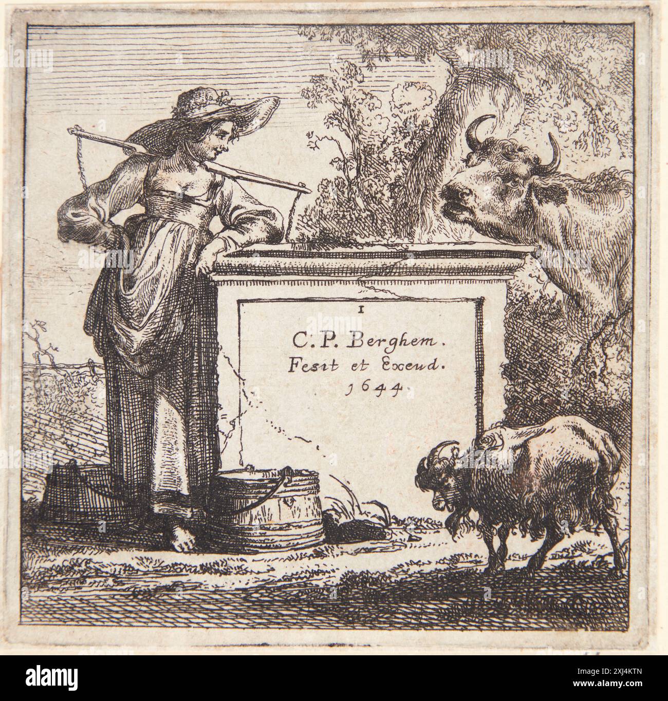 Etching by Nicolaes Berchem depicting a milking girl leaning against a ...