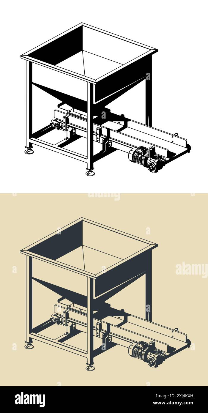 Stylized vector illustrations of a feeding hopper with belt conveyor ...
