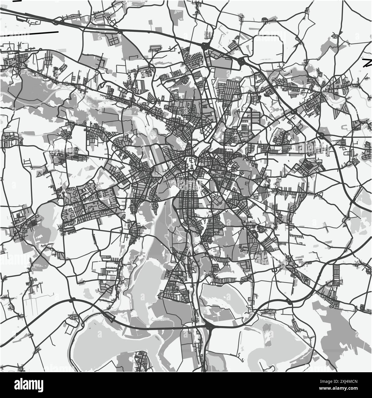 Map of Leipzig in Germany in grayscale. Contains layered vector with roads water, parks, etc ...