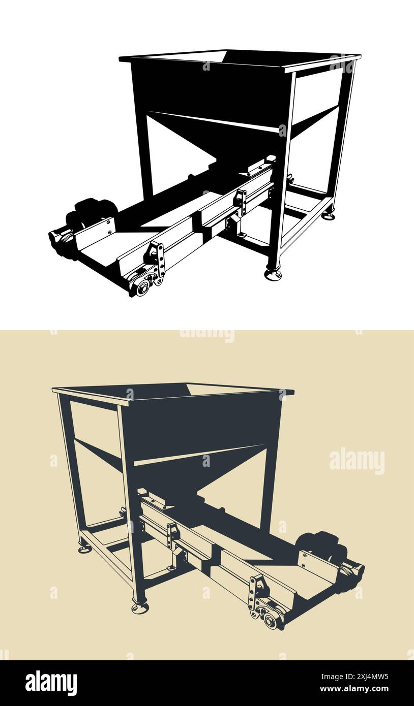 Stylized vector illustrations of a feeding hopper with belt conveyor ...