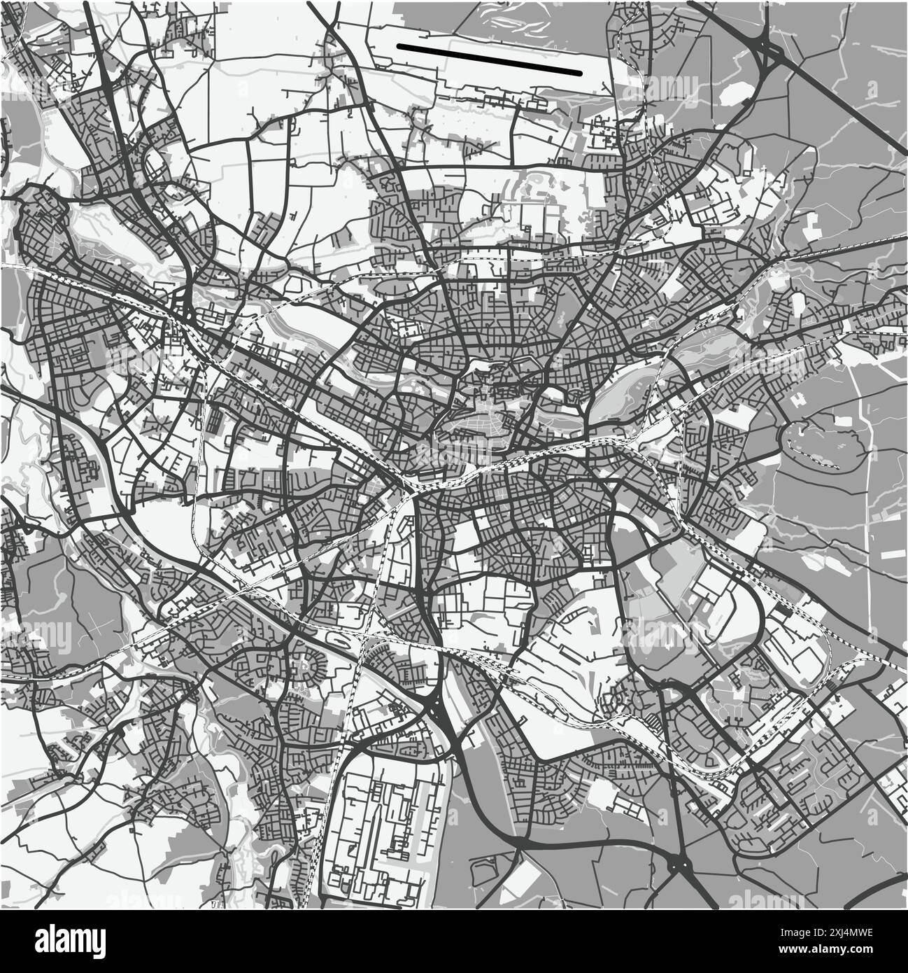 Map of Nuremberg in Germany in grayscale. Contains layered vector with roads water, parks, etc ...
