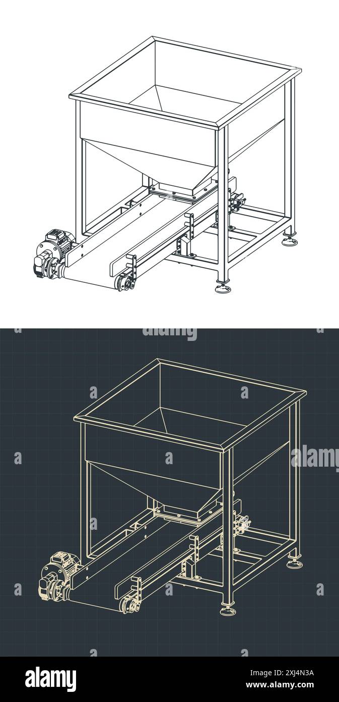 Stylized vector illustrations of technical drawings of feeding hopper ...
