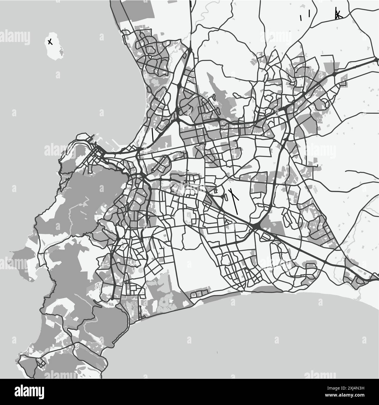 Map of Cape Town in South Africa in grayscale. Contains layered vector ...