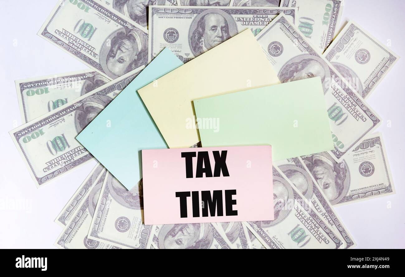 Sticker with text Tax Time on dollars. Online personal income tax ...