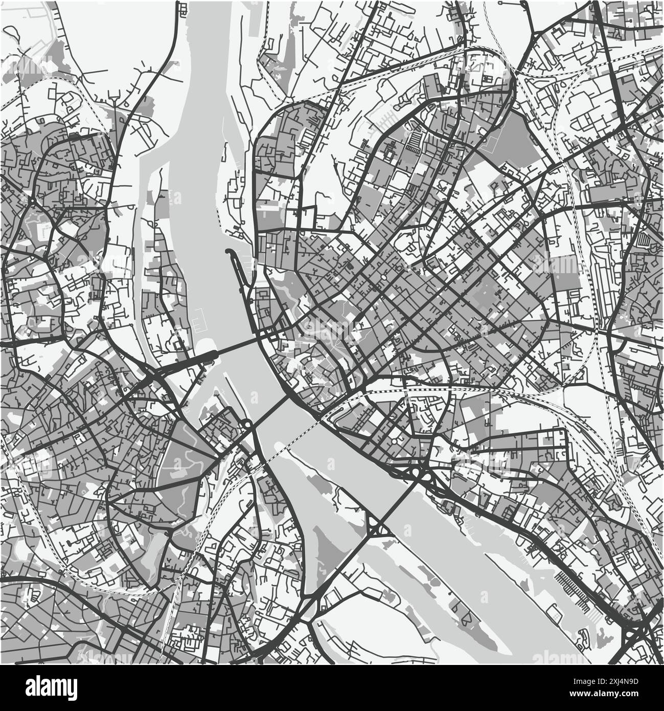 Map of Riga in Latvia in grayscale. Contains layered vector with roads ...