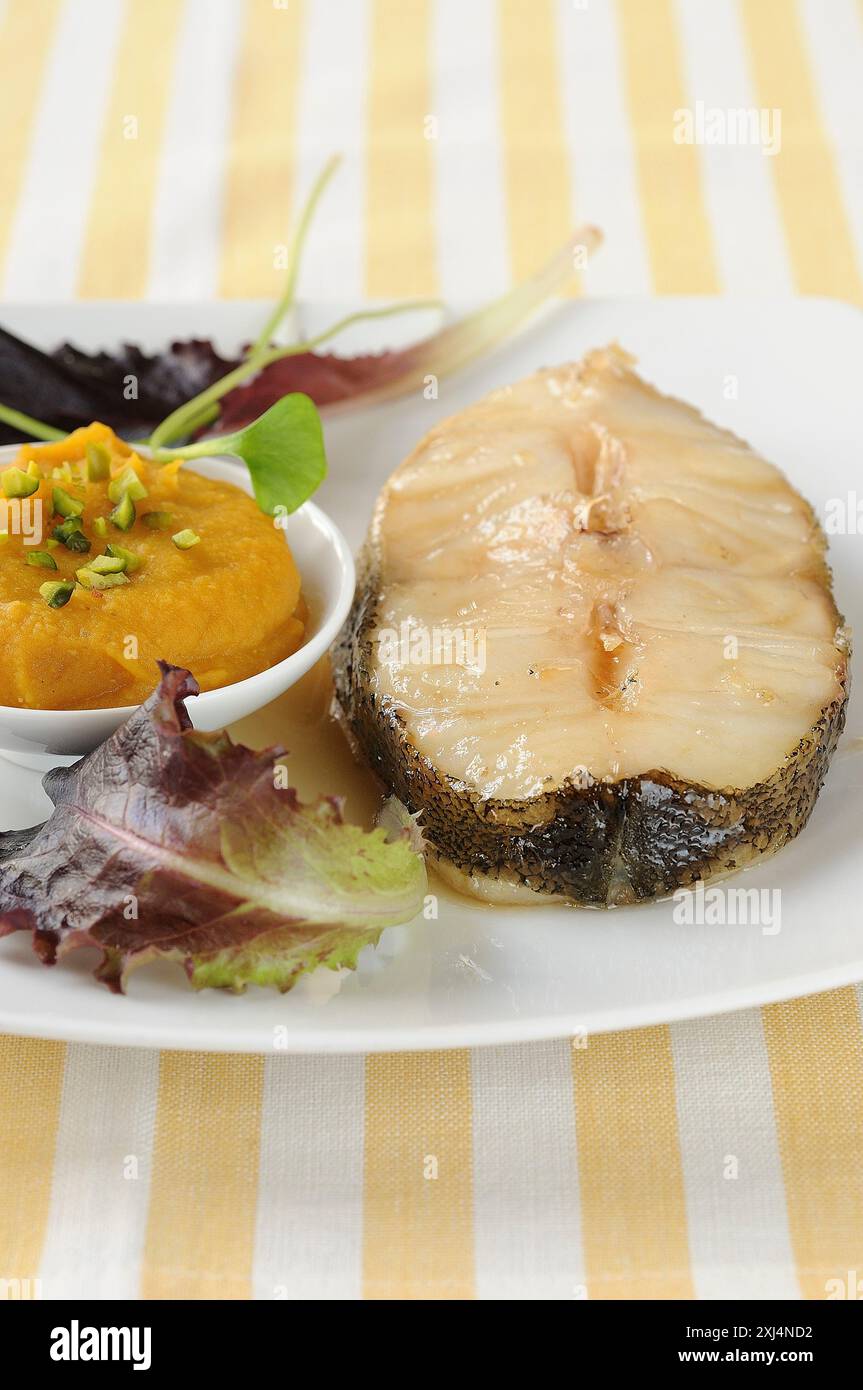 Pollack steak with maple syrup,mashed sweet potatoes and orange lentils ...