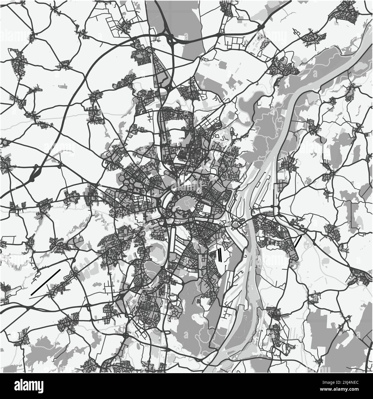 Map of Strasbourg in France in grayscale. Contains layered vector with roads water, parks, etc ...