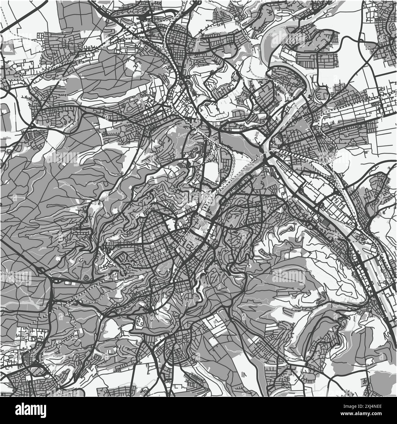 Map of Stuttgart in Germany in grayscale. Contains layered vector with roads water, parks, etc ...