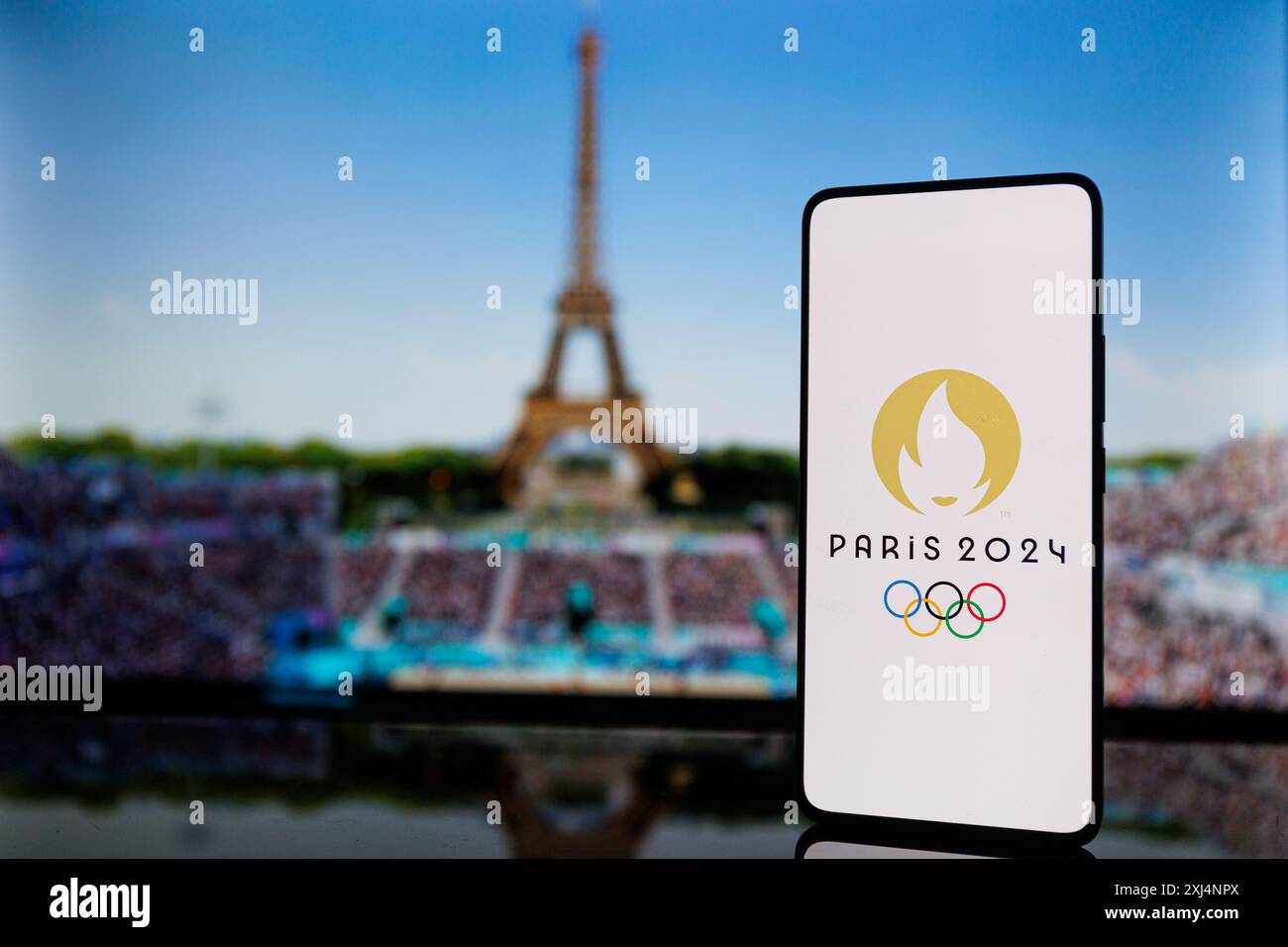 Paris Summer Olympic games logo in front of Eiffel tower picture. Paris ...