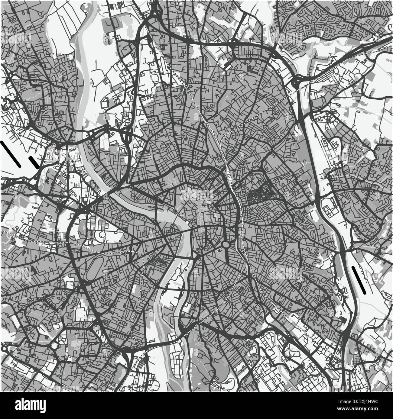 Map of Toulouse in France in grayscale. Contains layered vector with roads water, parks, etc ...