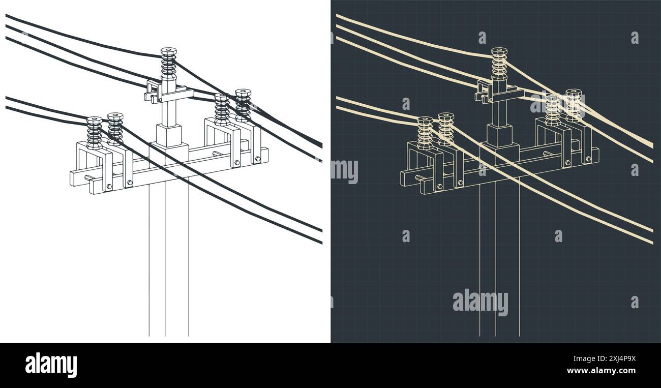 Stylized vector illustrations of technical drawings of high voltage electric pole with wires ...