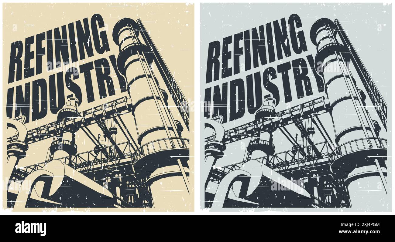 Stylized vector illustration on the theme of oil refining industry in ...