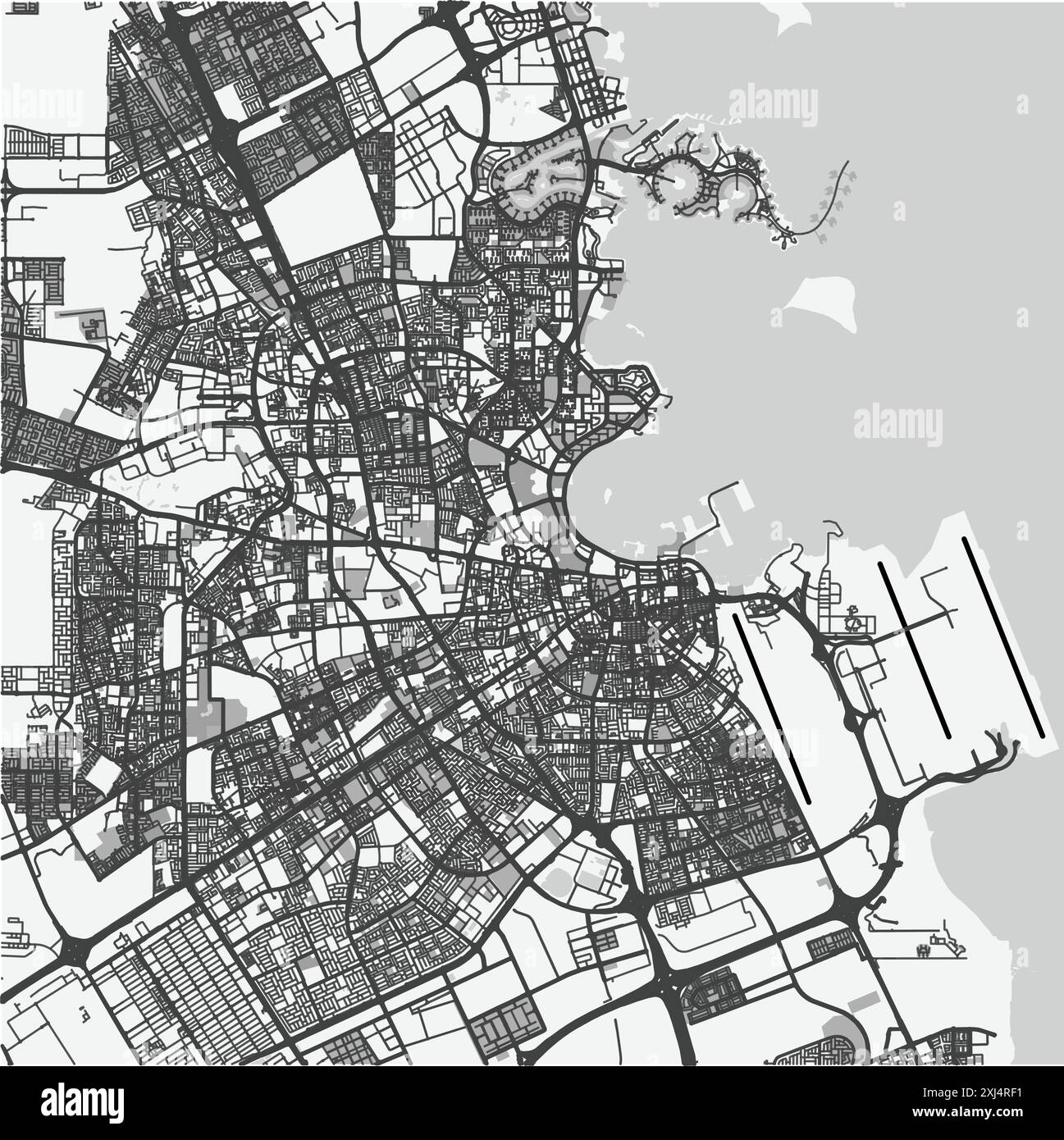 Map of Doha in Qatar in grayscale. Contains layered vector with roads ...