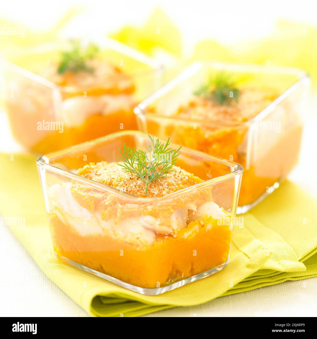 hake fillet with pumpkin puree in verrines Stock Photo - Alamy