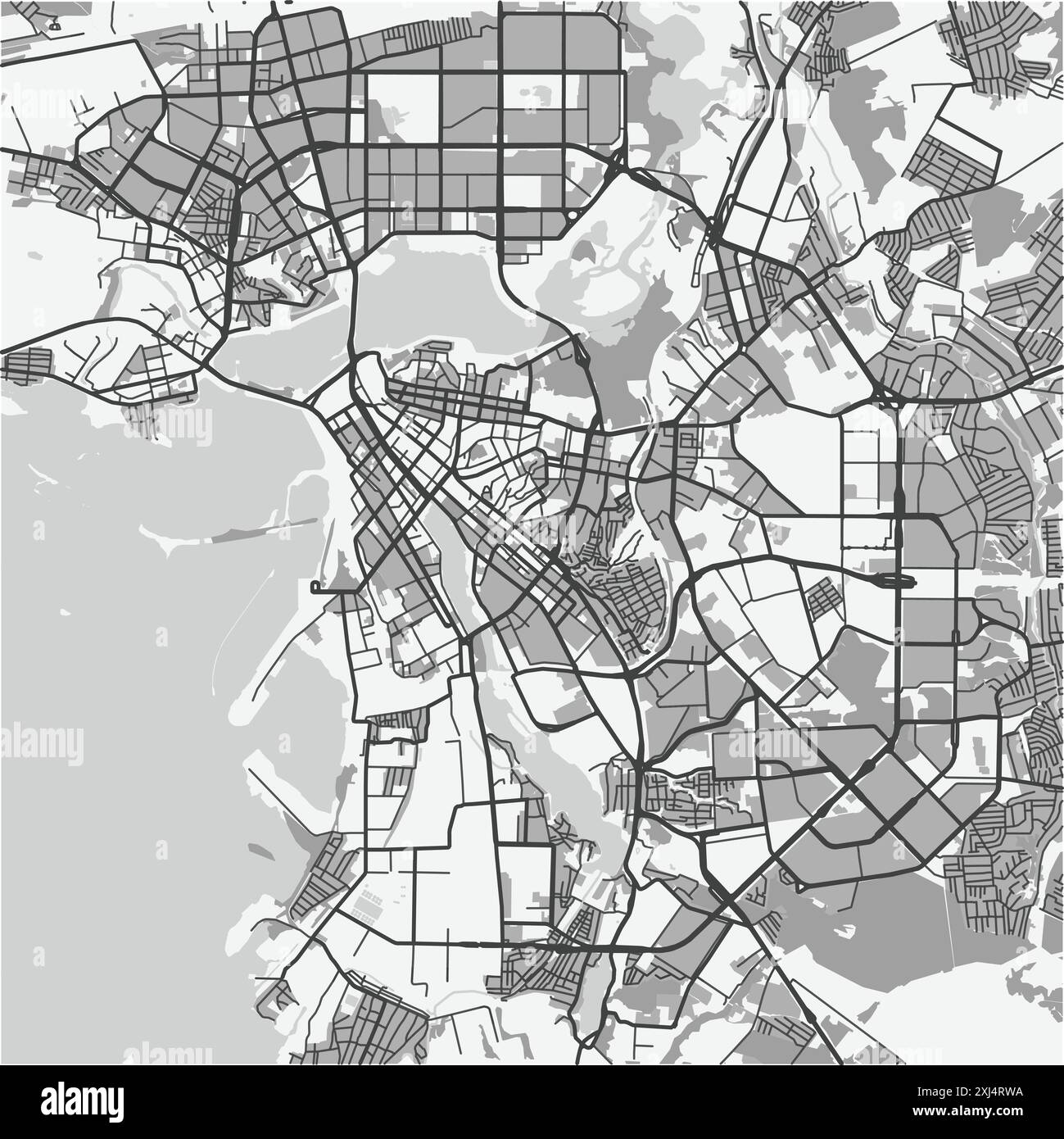 Map of Kazan in Russia in grayscale. Contains layered vector with roads ...