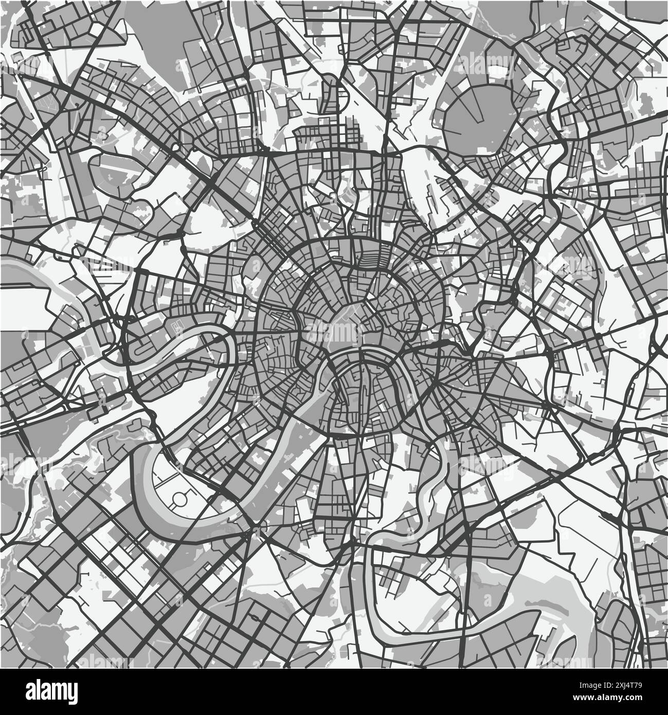 Map of Moscow in Russia in grayscale. Contains layered vector with roads water, parks, etc Stock ...