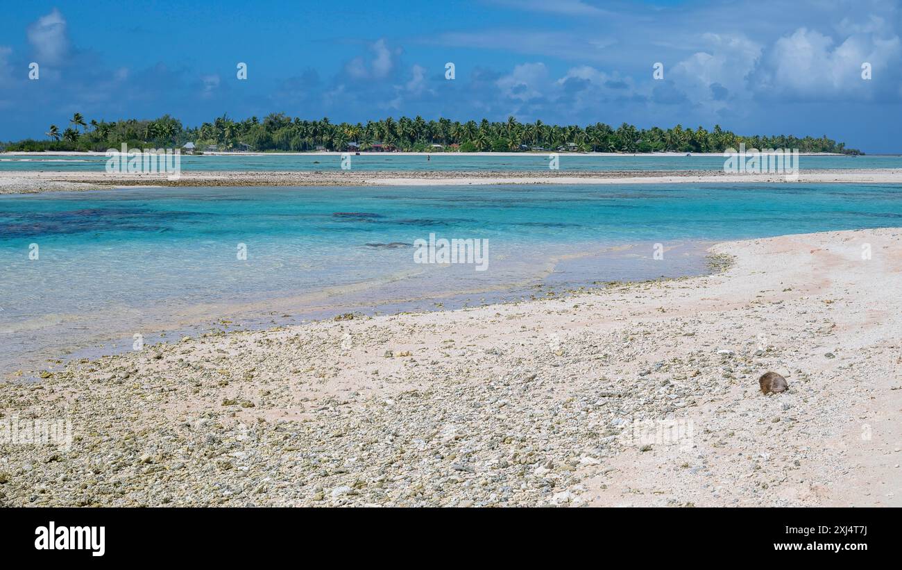 Beach of crushed coral with coconut, behind it a sandbank and an ...