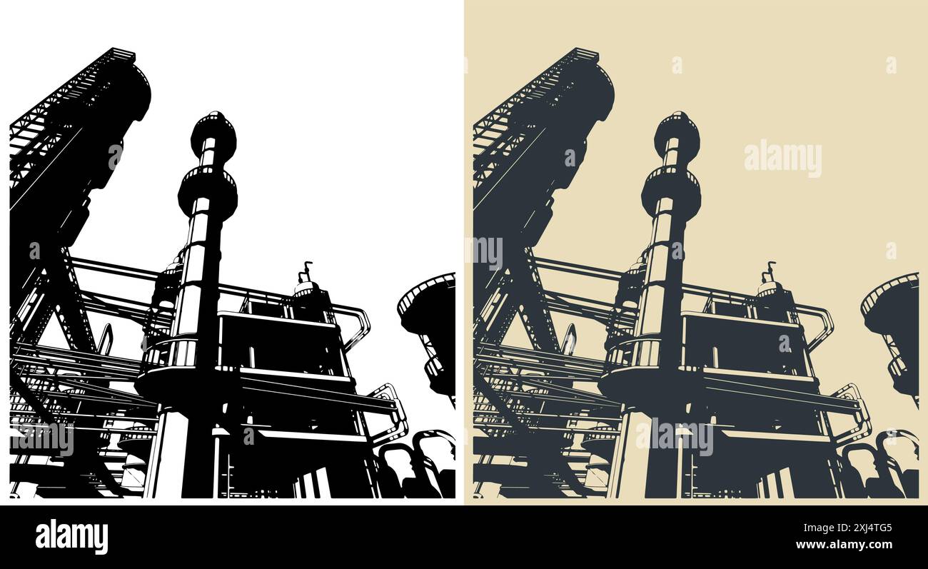 Stylized vector illustrations of a factory buildings, pipes and tanks ...