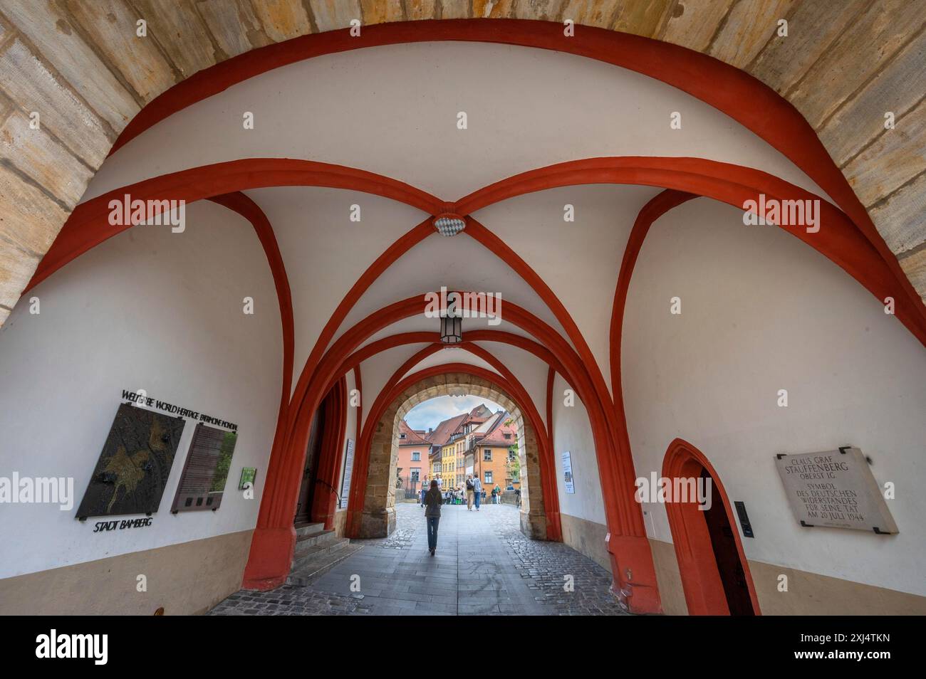 Arched passageway from the historic town hall, Bamberg, Upper Franconia ...