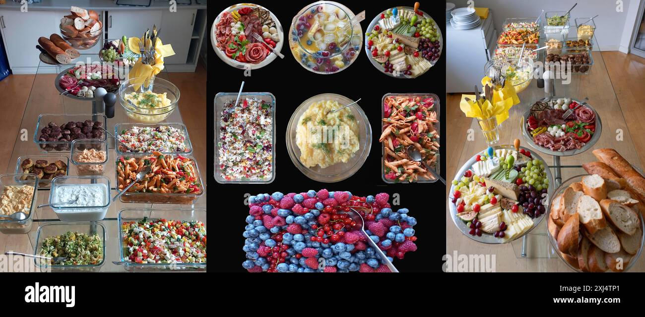 Collage with a cold buffet on a black background, Bavaria, Germany ...