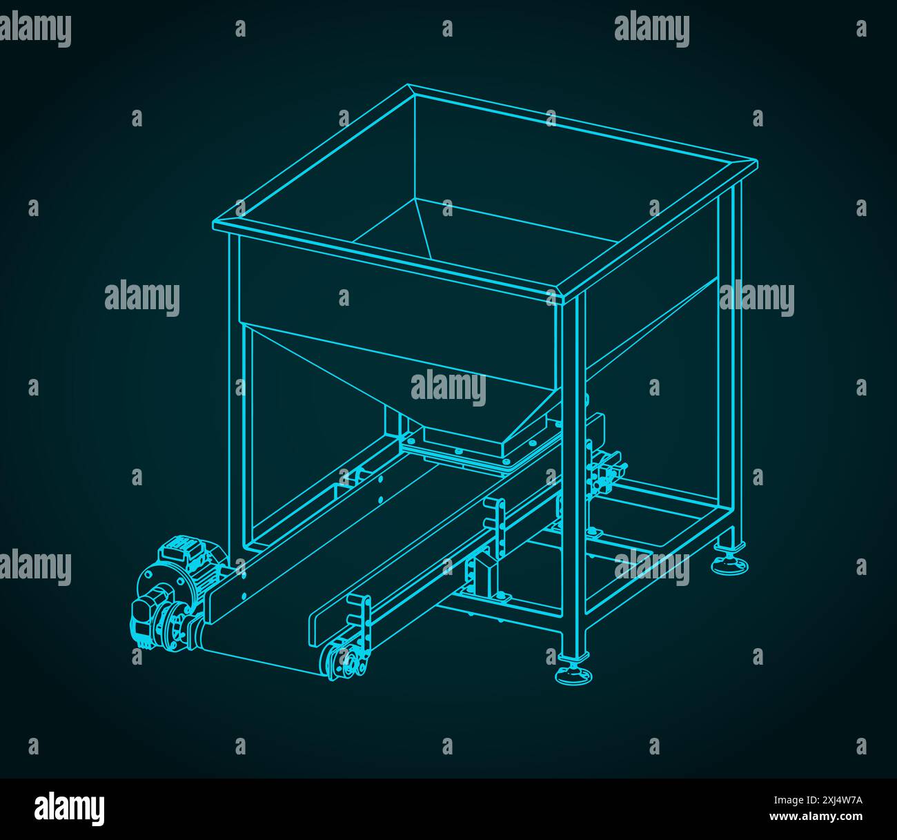 Stylized vector illustrations of technical drawings of feeding hopper ...