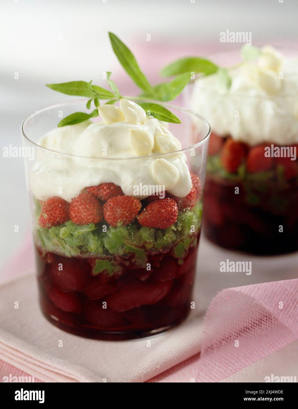 Cherries in syrup,confit angelica,wild strawberries and cream Verrine ...