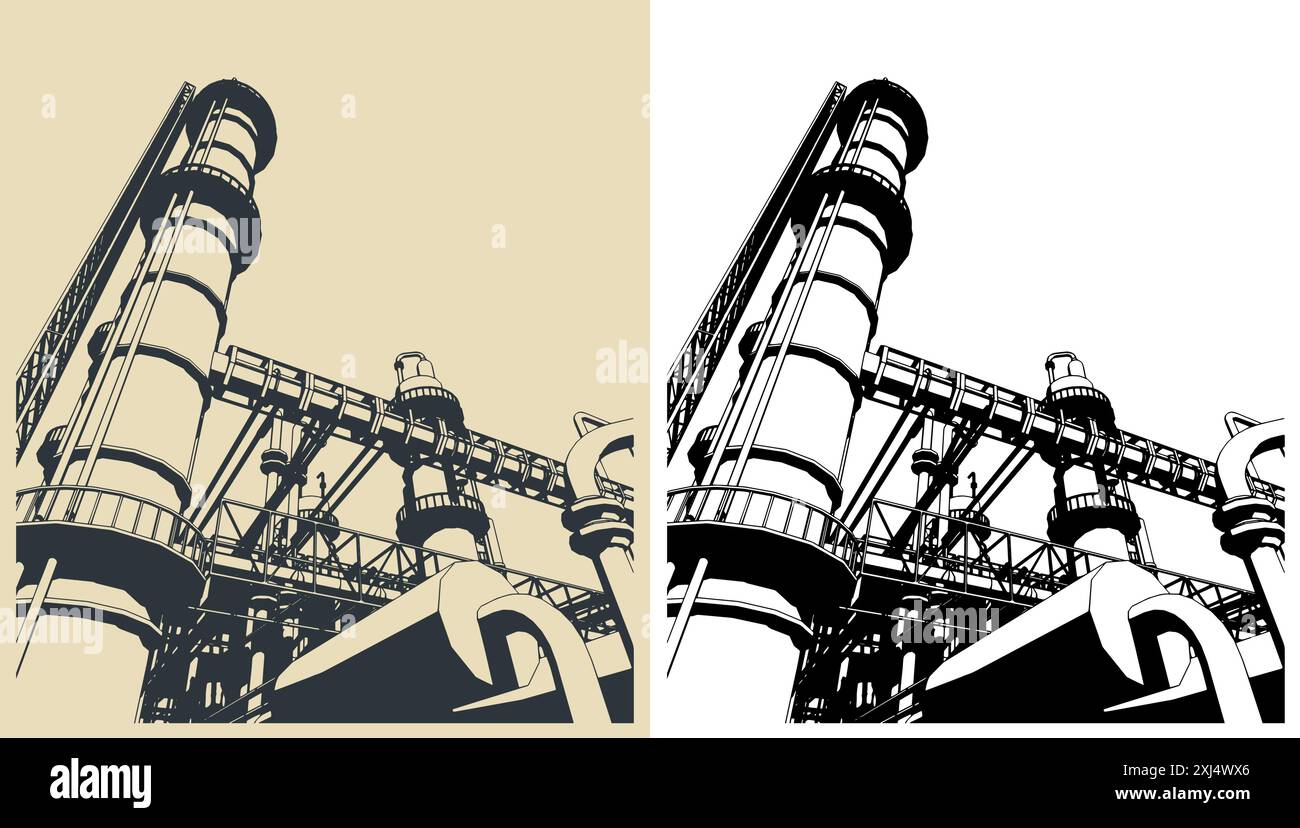 Stylized vector illustrations of a factory buildings, pipes and tanks ...