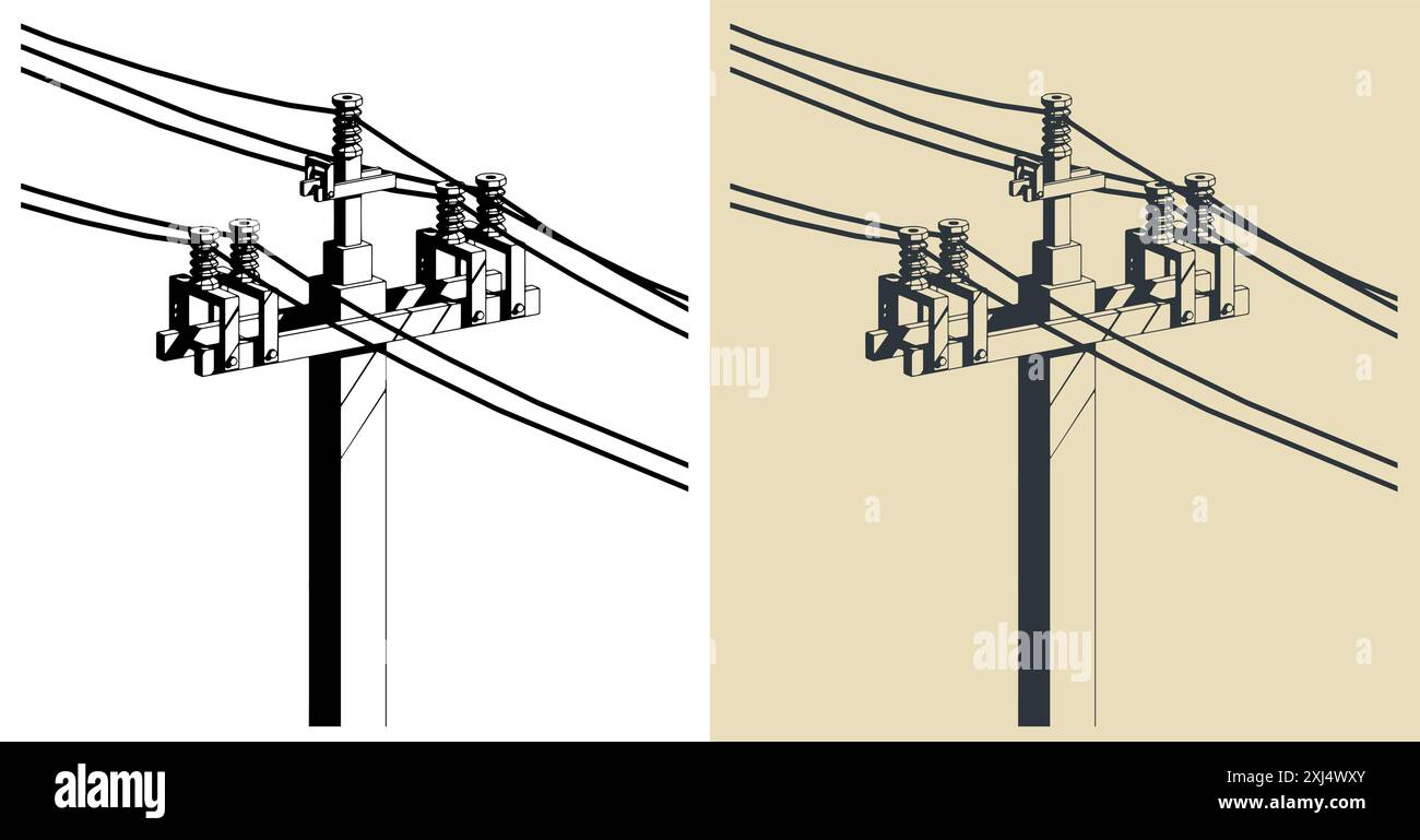 Stylized vector illustrations of high voltage electric pole with wires ...