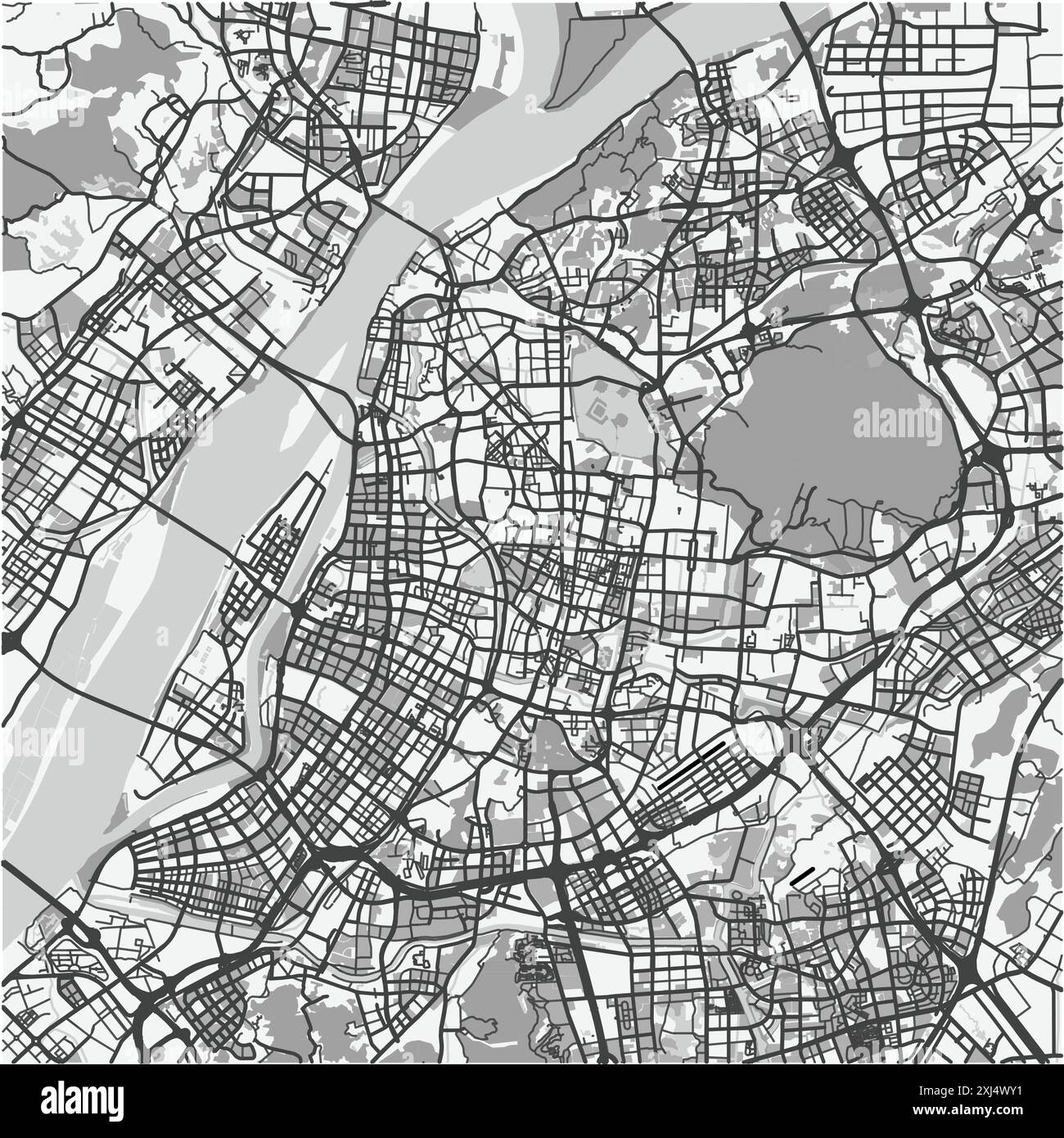 Map of Nanjing in China in grayscale. Contains layered vector with ...