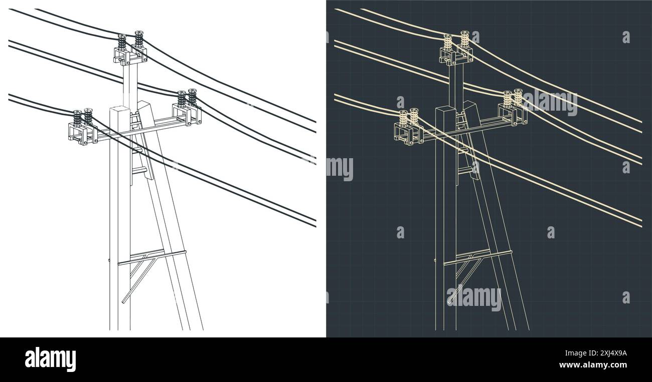 Stylized vector illustrations of technical drawings of utility pole ...