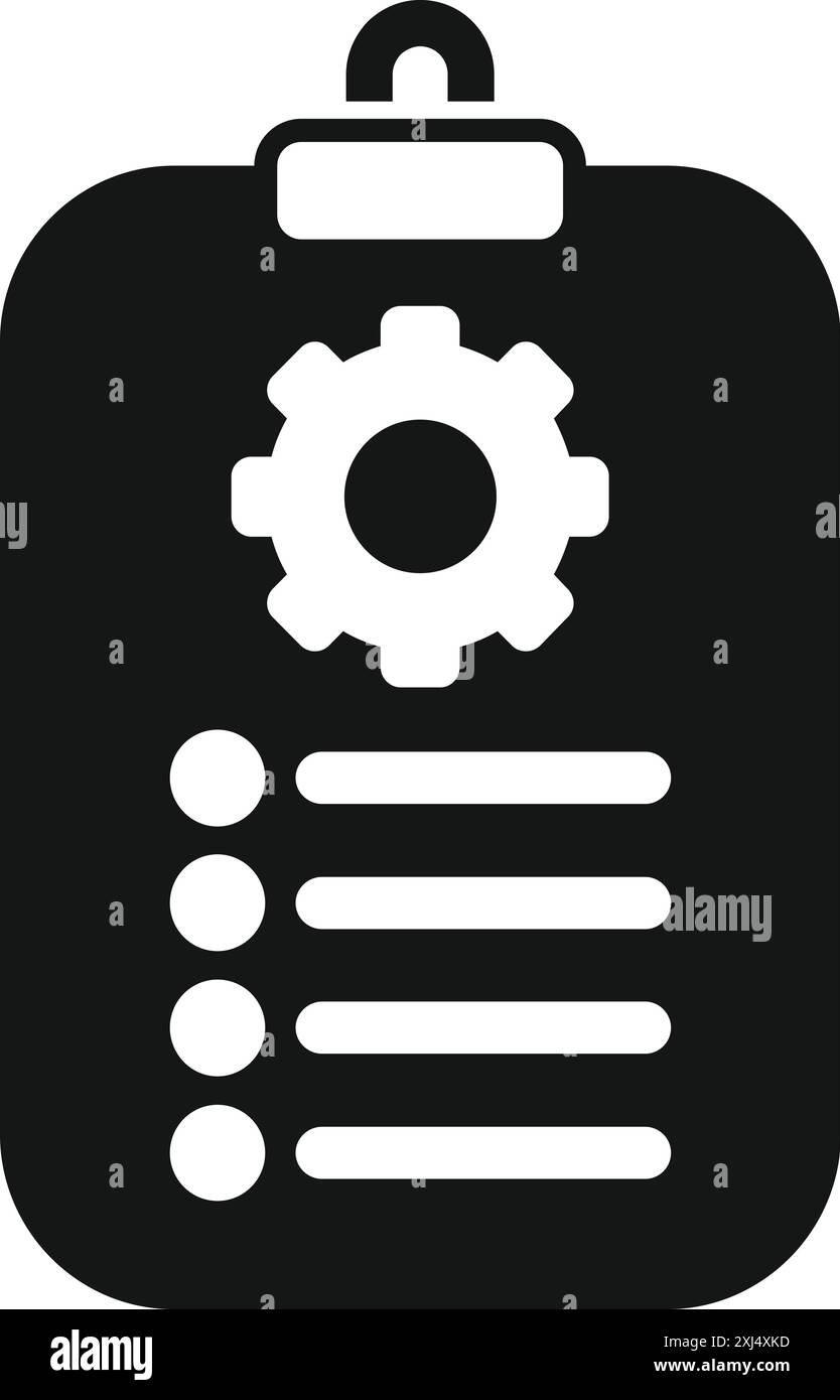 Black and white icon of a clipboard showing a checklist and a gear, representing maintenance or ...