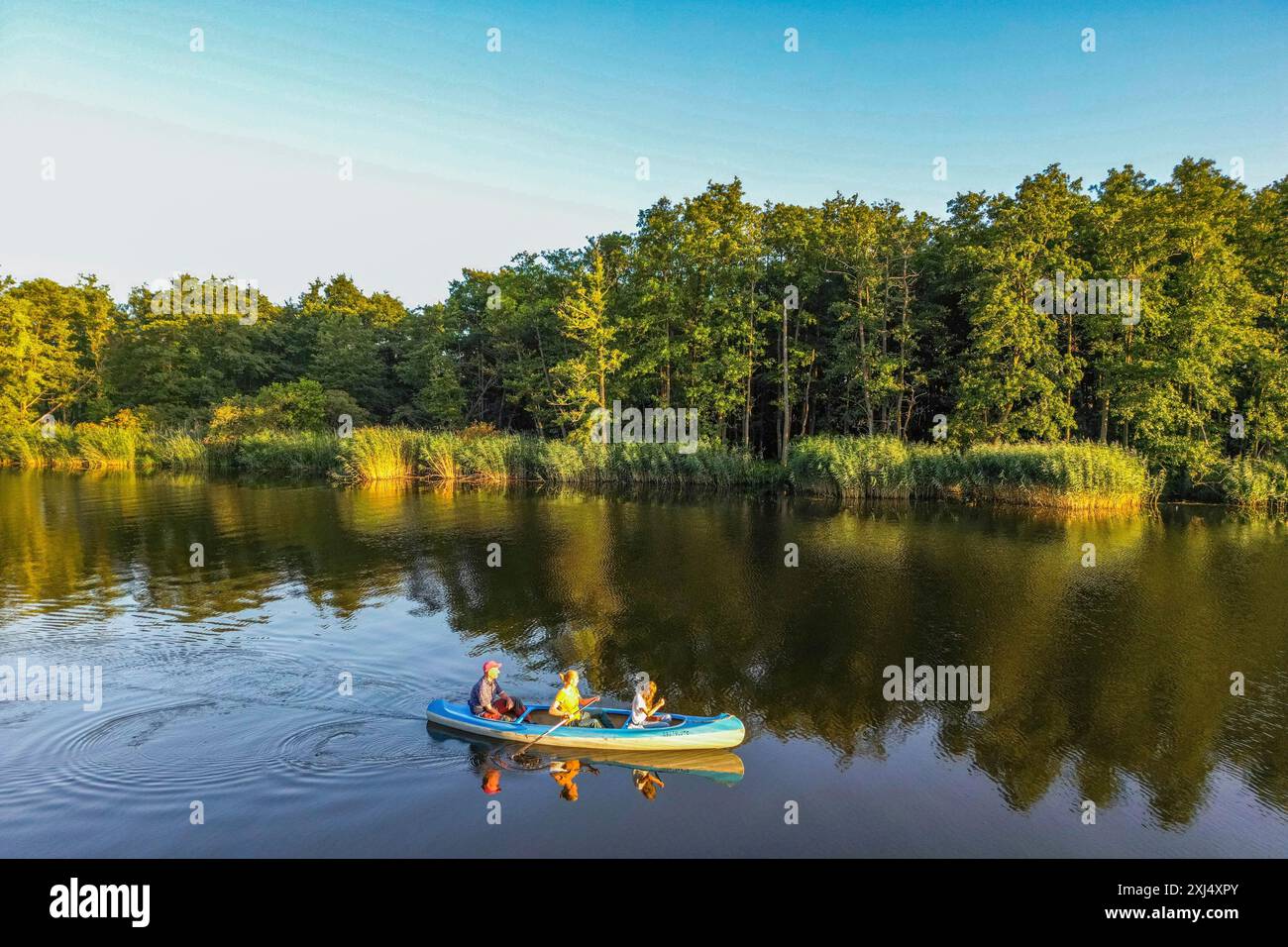 Aerial view, drone photo: Man, woman and child paddling in a canoe on ...