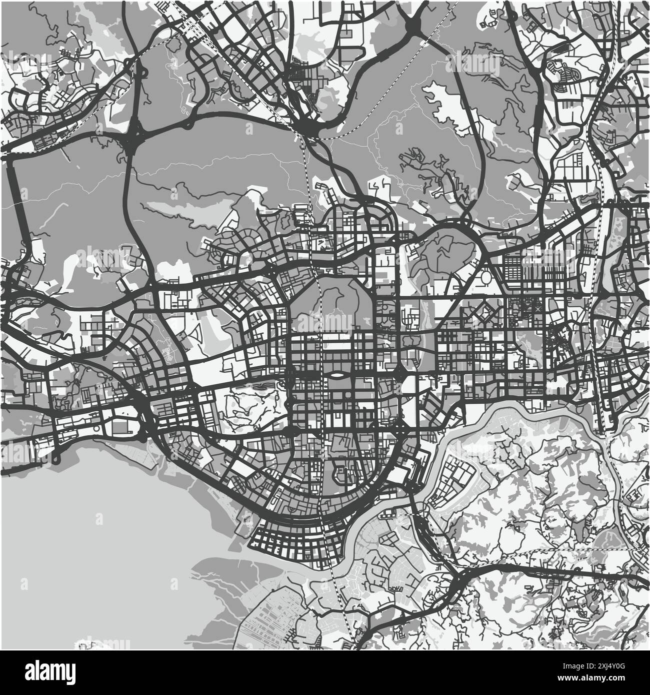 Map of Shenzhen in China in grayscale. Contains layered vector with ...