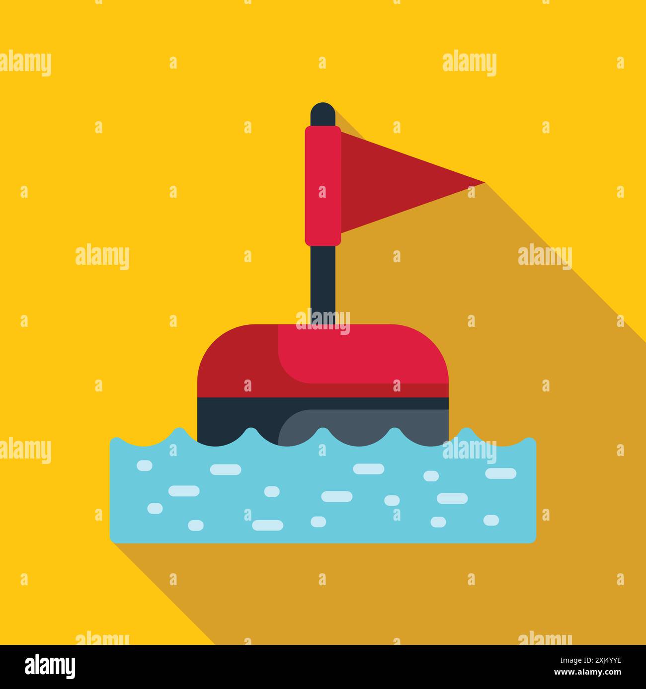 Red and black nautical buoy floating on water waves with a red flag ...