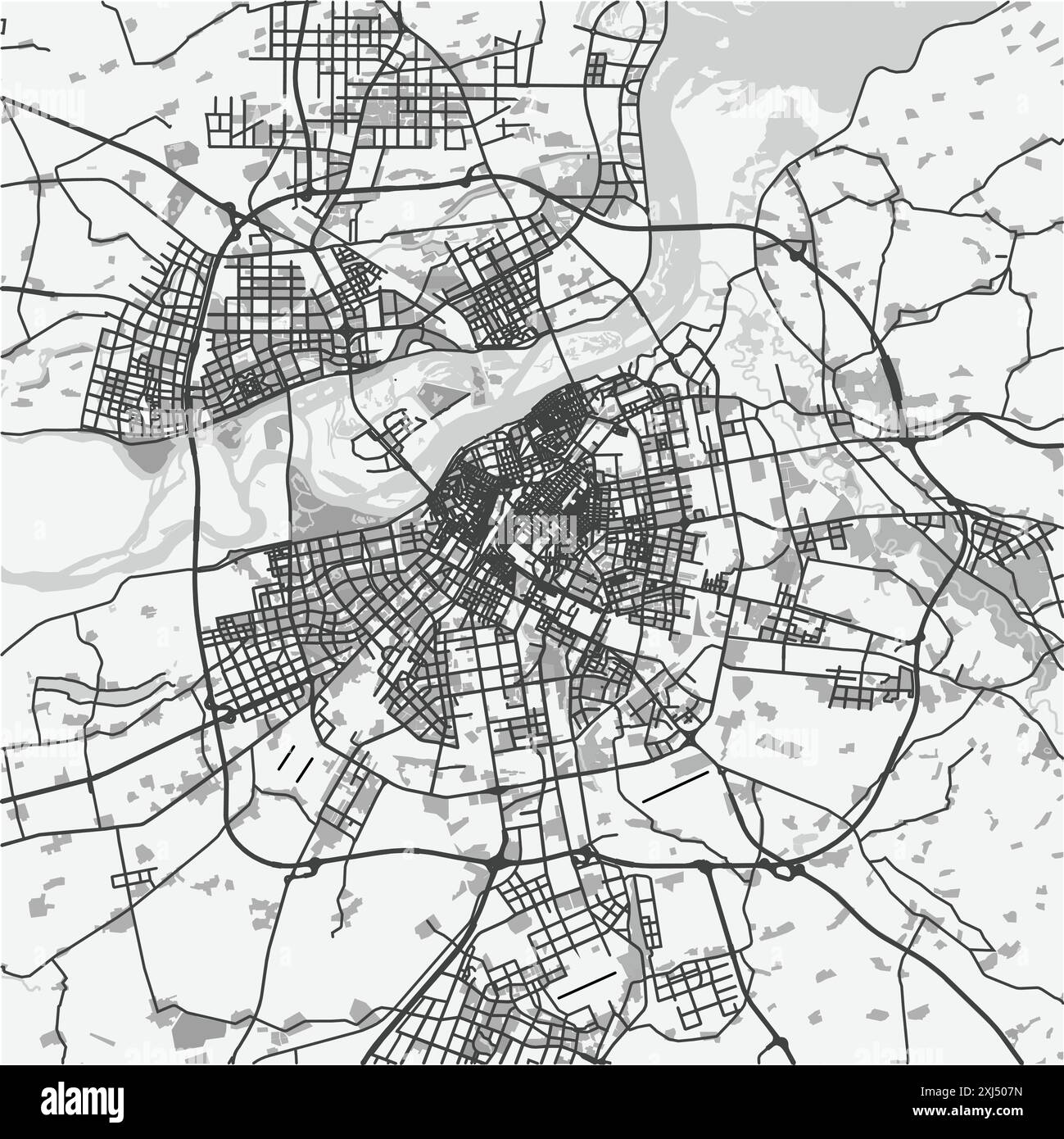Map of Harbin in China in grayscale. Contains layered vector with roads ...