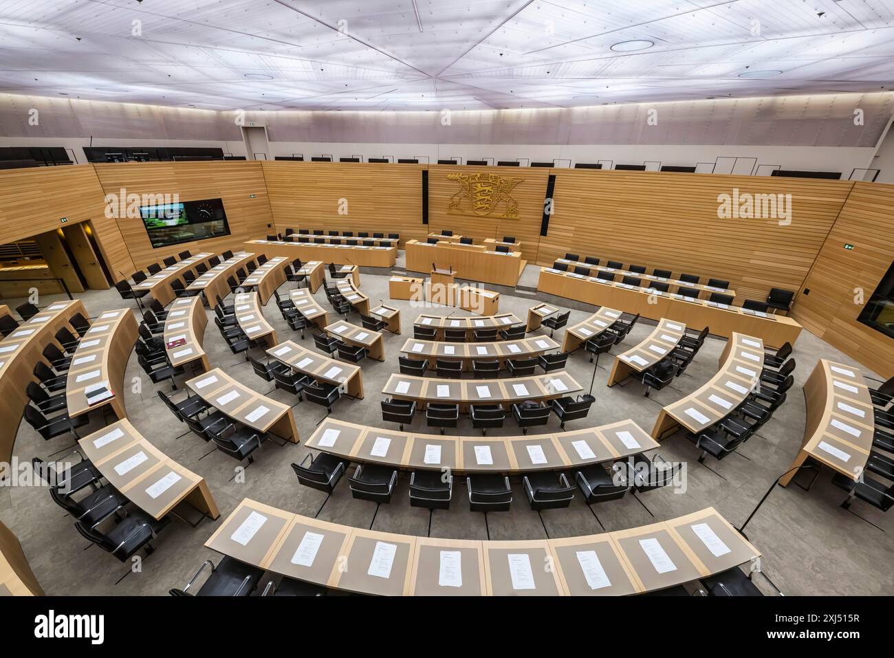 State parliament of Baden-Wuerttemberg, assembly hall with state coat ...