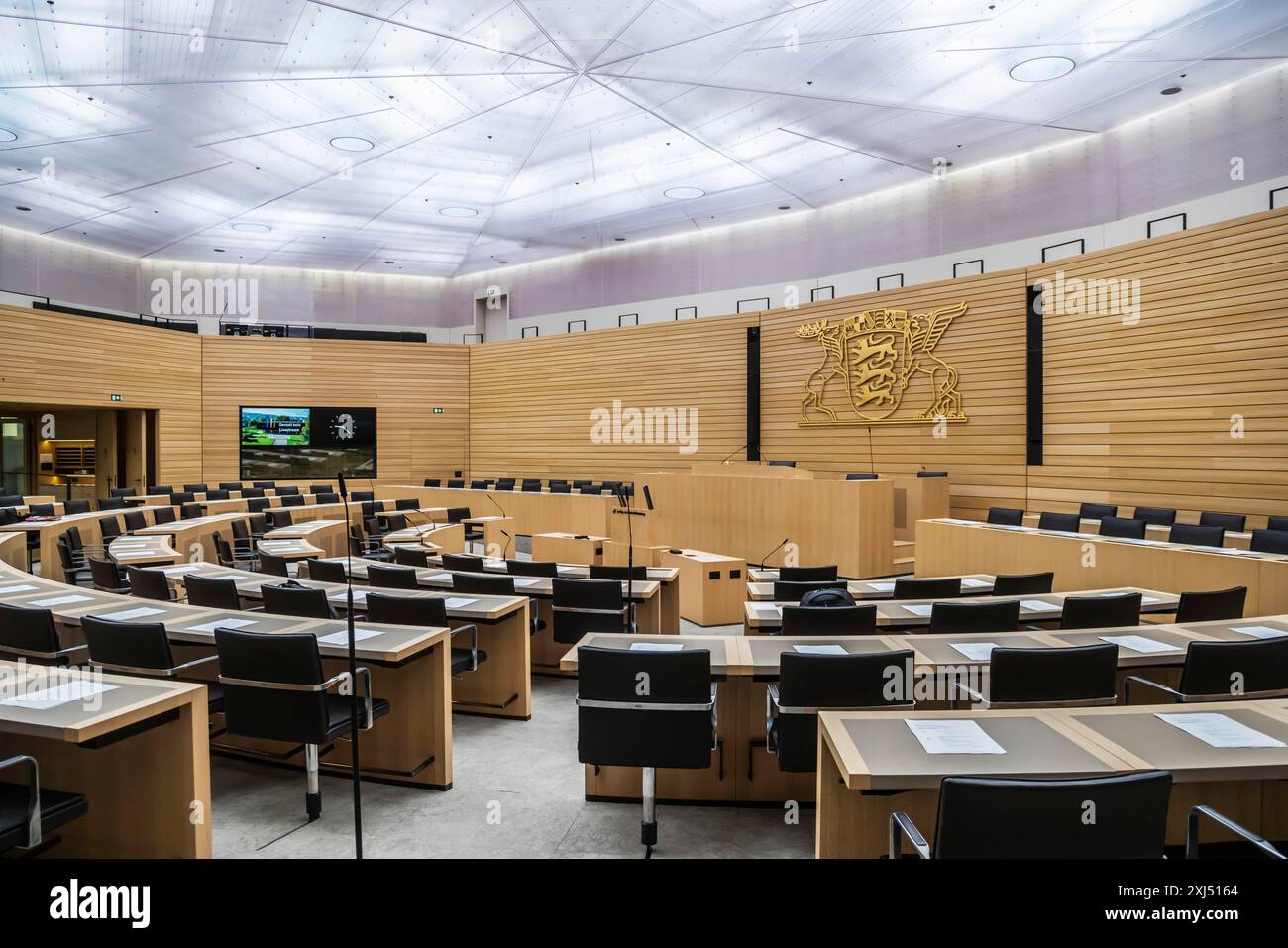State parliament of Baden-Wuerttemberg, assembly hall with state coat ...