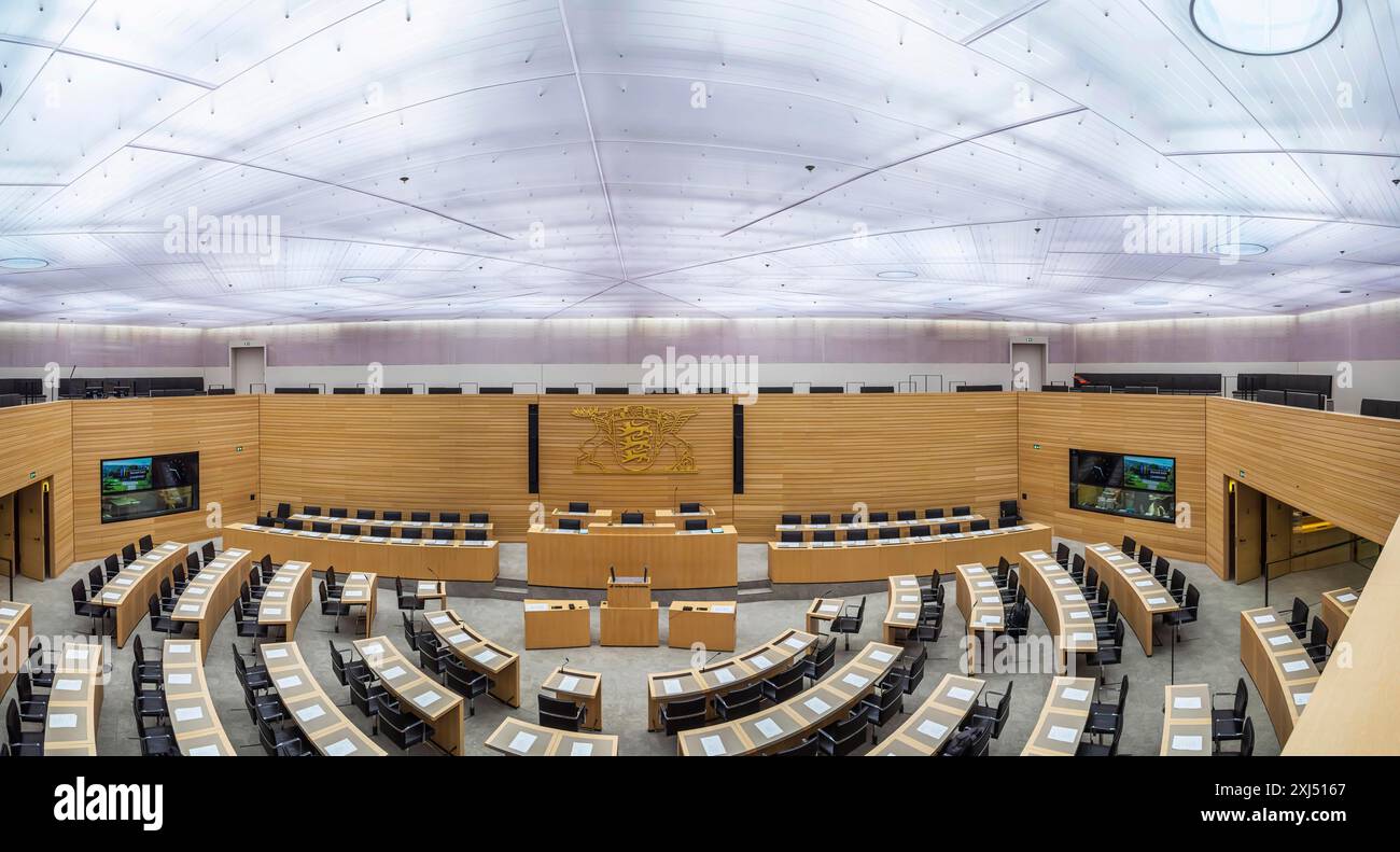 State parliament of Baden-Wuerttemberg, assembly hall with state coat ...
