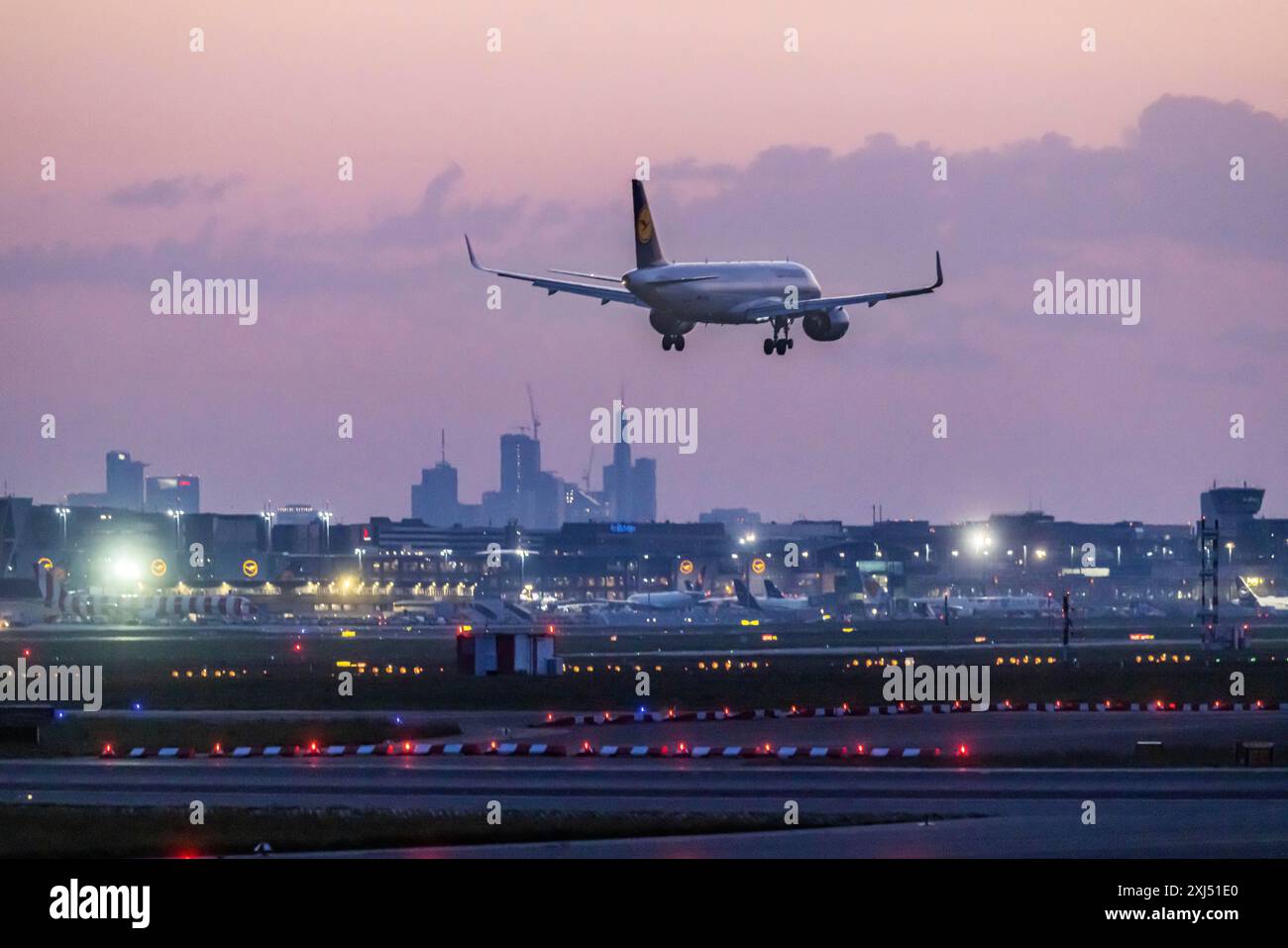 Aircraft of the airline Lufthansa approaching in the early morning ...