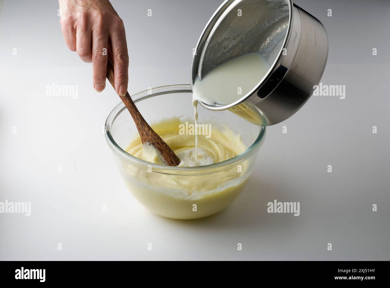Adding the milk to the potatoes Stock Photo - Alamy